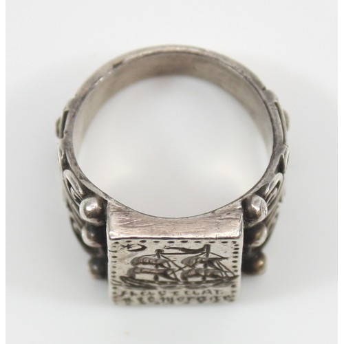 An 18th century style unmarked silver seal ring, depicting a ship, 18 x ...