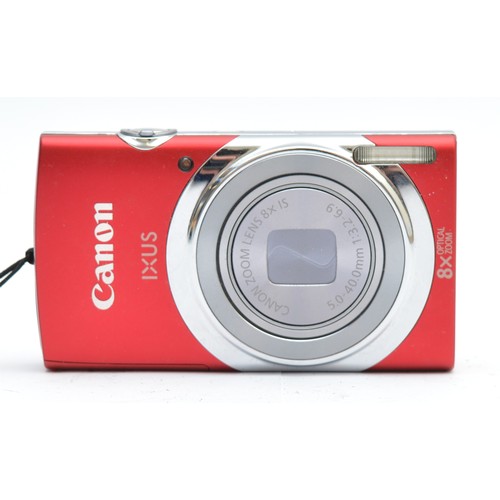 A Canon IXUS 150 digital camera, in red, boxed.