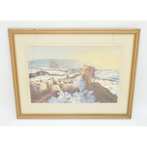 Wilfred Ball, 20th century, Derbyshire moorland with snow and sheep ...