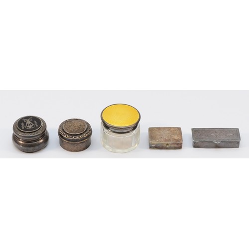 A silver circular pill box, having tortoise shell decoration to the lid ...