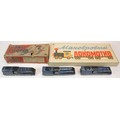 A Russian tin plate model railway set, three Mettoy tin plate clockwork ...