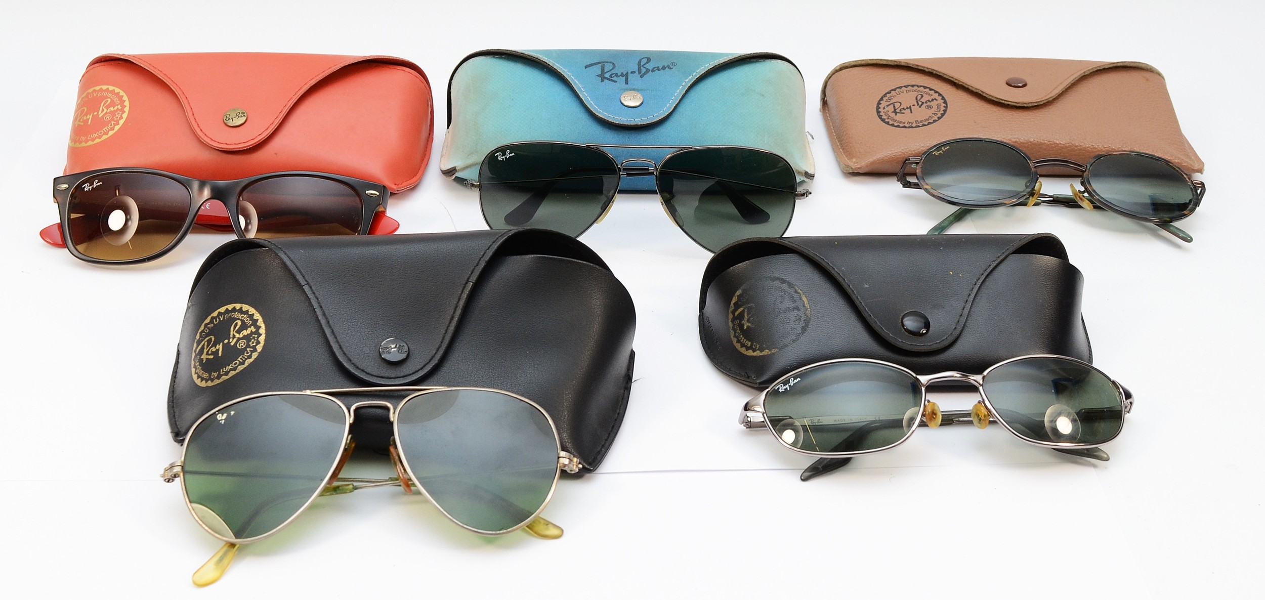 Five pairs of designer Ray Ban sunglasses, in cases, to include, New ...