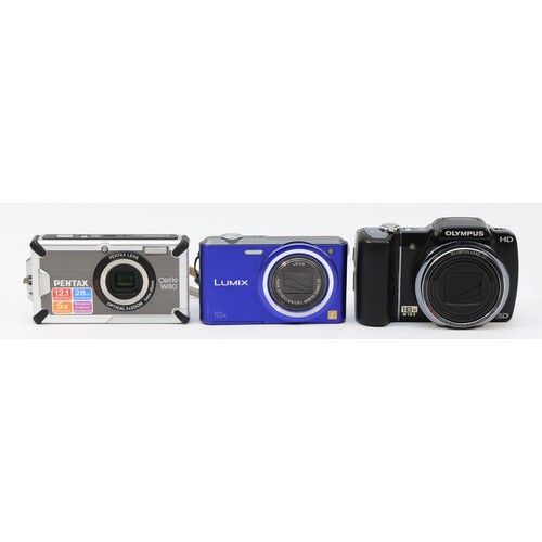 Three digital cameras, a Pentax Optio W80, a Panasonic Lumix DMC-SZ3 ...