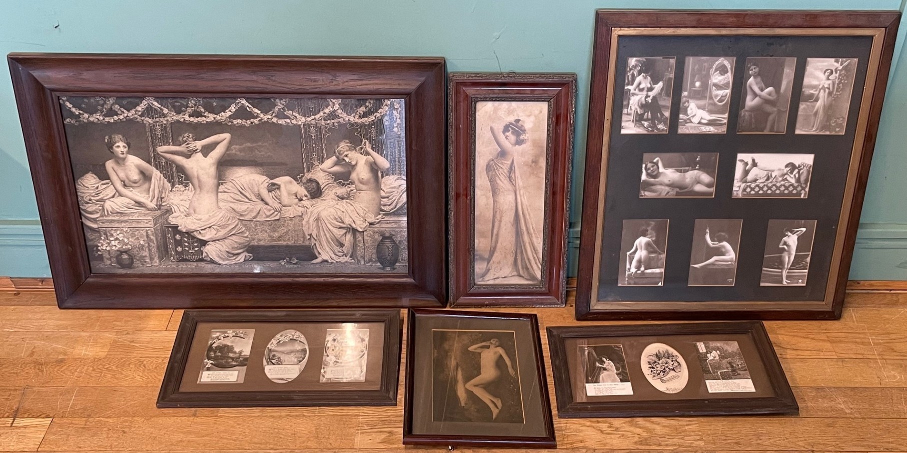 A group of six framed Edwardian 'risque' erotica framed pictures, to ...