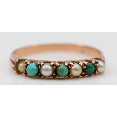 A 9ct gold turquoise and seed pearl dress ring, hallmarks worn, P, 1.7g