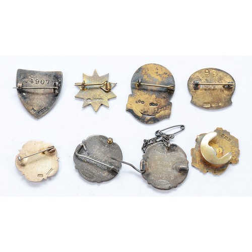 Eight various silver pin badges, various dates, 36gm.