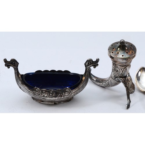 A Norwegian silver open salt in form of a Viking longboat, with blue ...