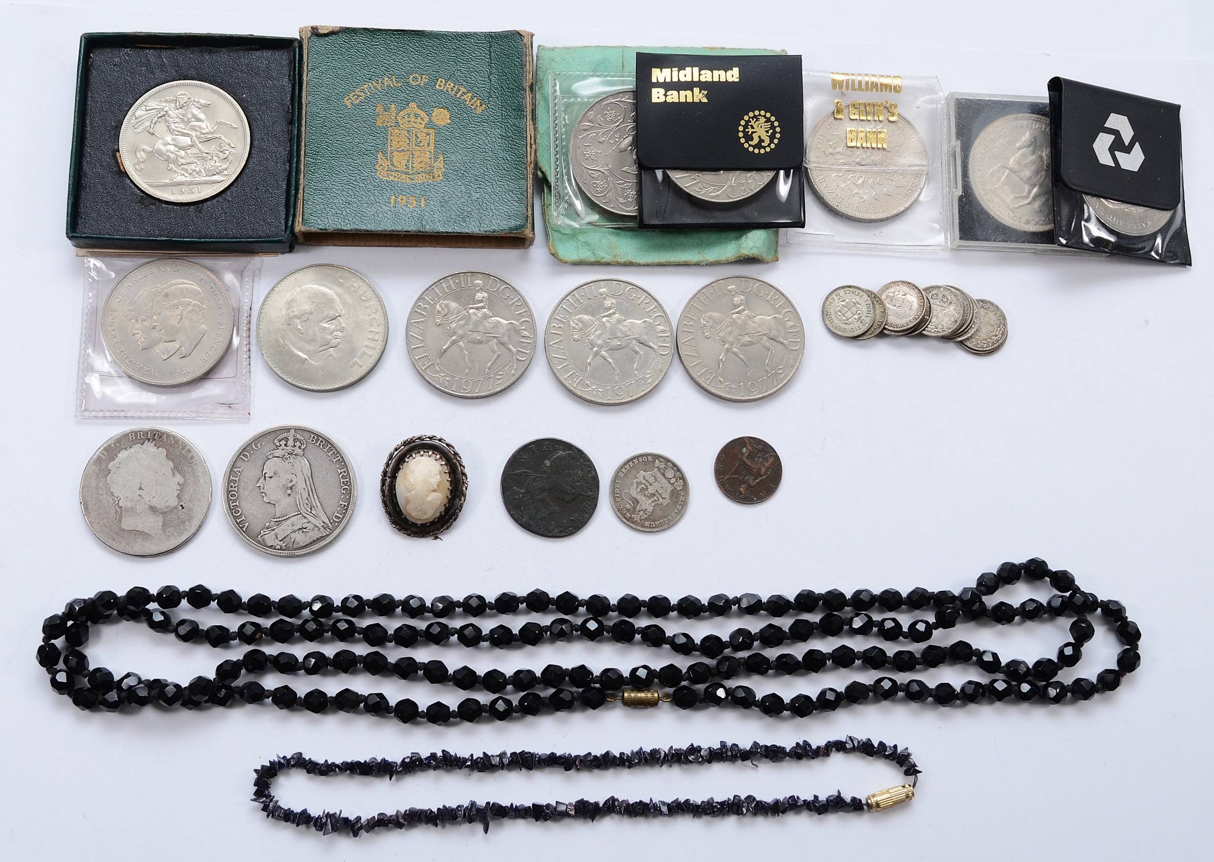 An 1889 Victoria silver crown, a George III silver crown, several other ...