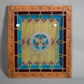 OAK FRAMED STAINED GLASS PANEL 72CM X 63CM