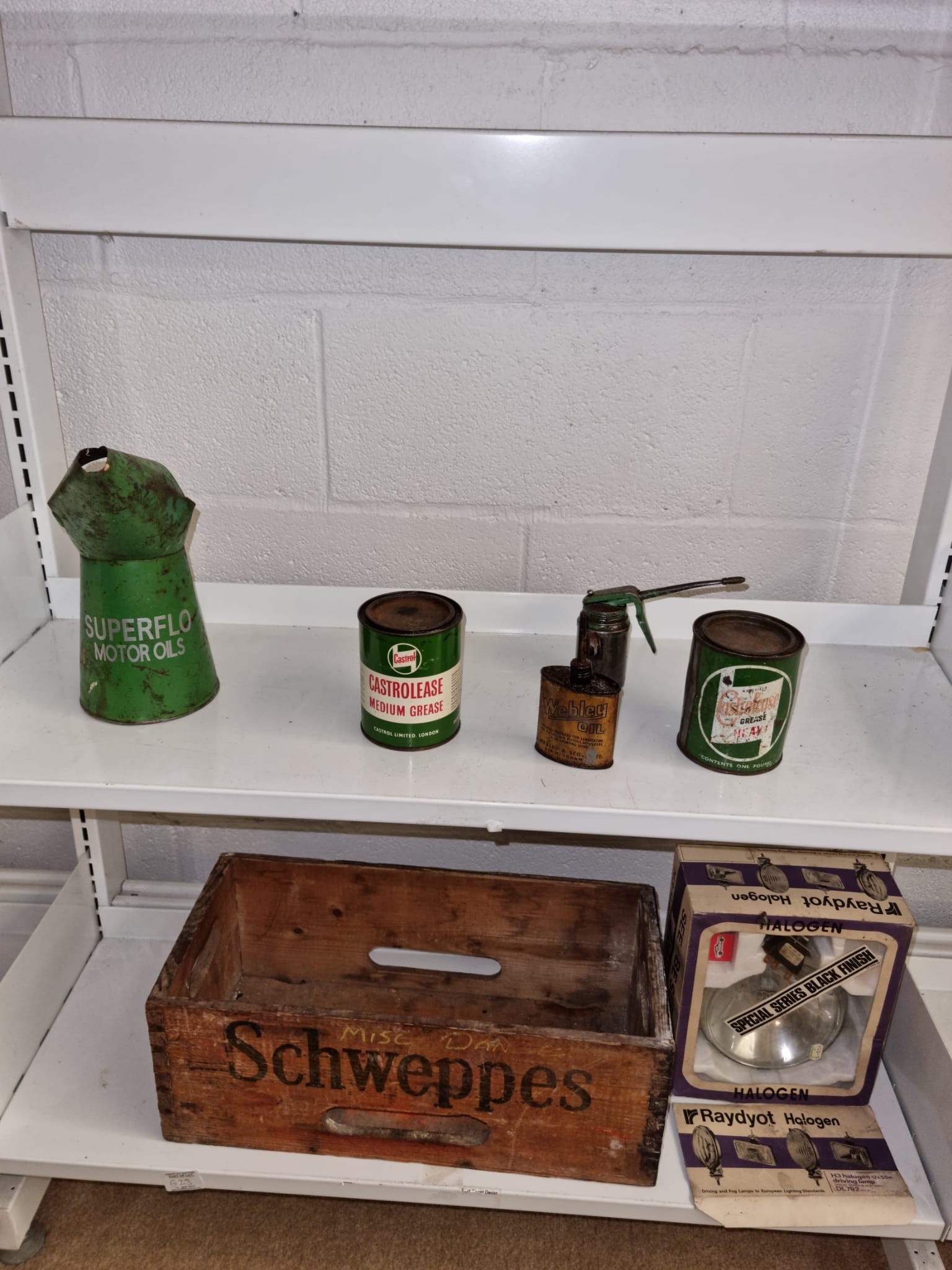 3 wooden Schweppes crates, a Superflo oil pourer, Castrol grease cans ...