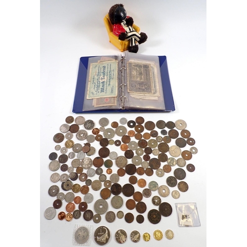 A group of miscellaneous coins and bank notes plus a Robertson Jam ...