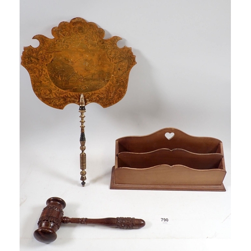 A Victorian face screen, correspondence rack, 29cm wide and a turned ...