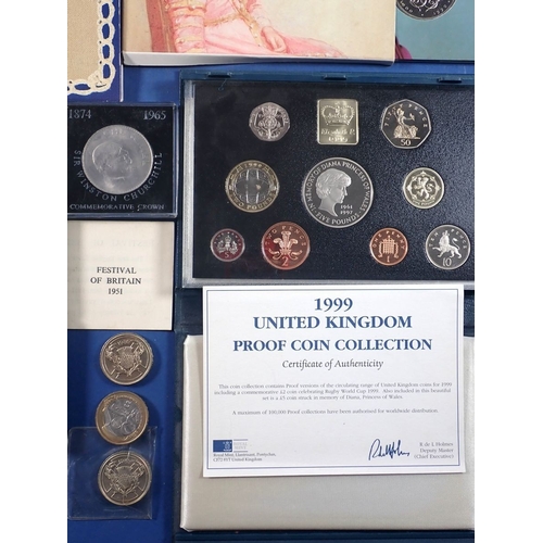 A group of Royal Mint cased coin sets and various crowns including 1999 ...