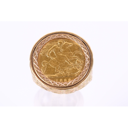 A 9ct gold ring mounted 1899 sovereign coin. Size T, gross weight 11.9g