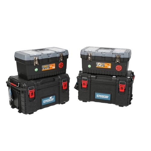 Six empty tool boxes. To include two large heavy duty Erbauer examples ...