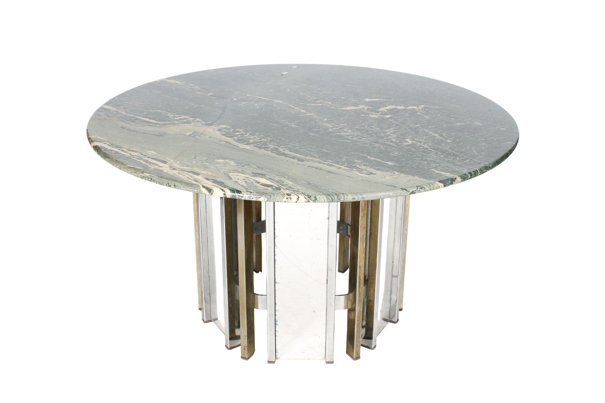 A late 20th century Pieff circlar marble topped table. Rasied on a ...