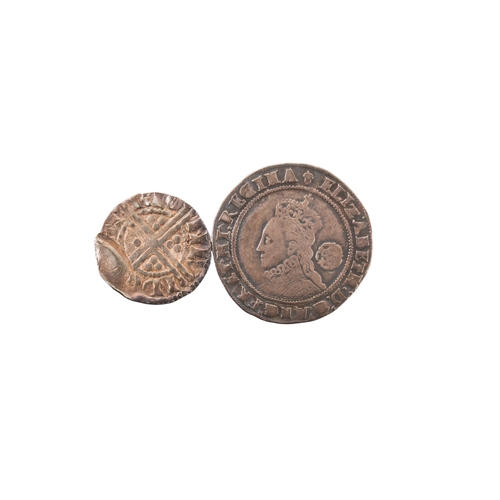 Two hammered silver coins. Consisting of a 1573 sixpence, Acorn mint ...