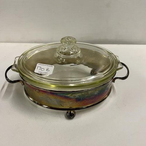 Pyrex dish on silver plated stand