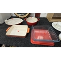 THREE LE CREUSET CAST IRON PANS AND TWO NEW PYREX CASSEROLE DISHES WITH ...