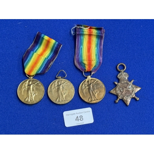 THREE WWI VICTORY MEDALS WITH NAMES PRINTED ON EDGES AND WWI STAR MEDAL