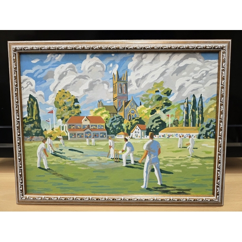 FRAMED OIL PAINTING DEPICTING CRICKET SCENE