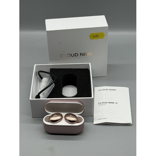 A PAIR OF WIRELESS ROSE GOLD CLOUD NINE I3 EARBUDS, IN BOX