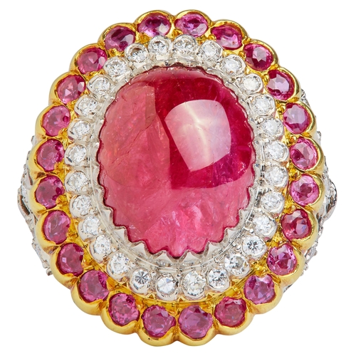 LARGE RUBY AND DIAMOND CLUSTER RING, set to the center with a large ...
