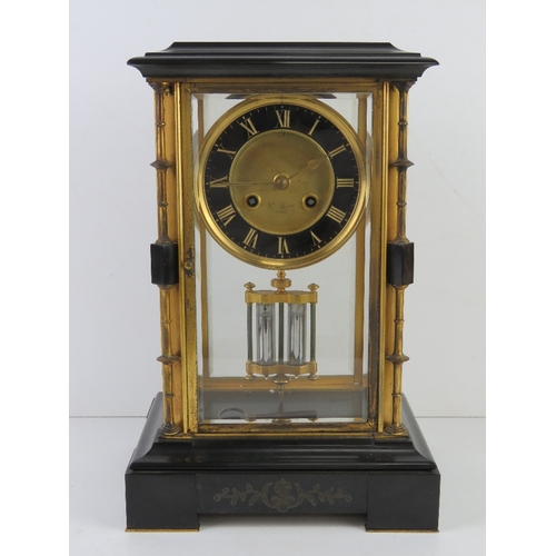 A late 19th century French four glass architectural black slate mantle ...