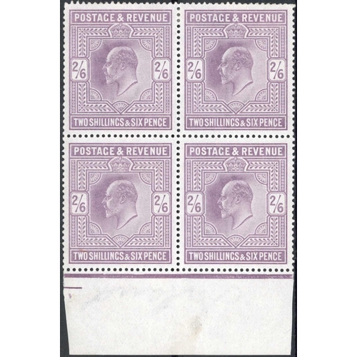1902-10 DE LA RUE: 2/6d lilac, mint marginal block of four (top stamps ...
