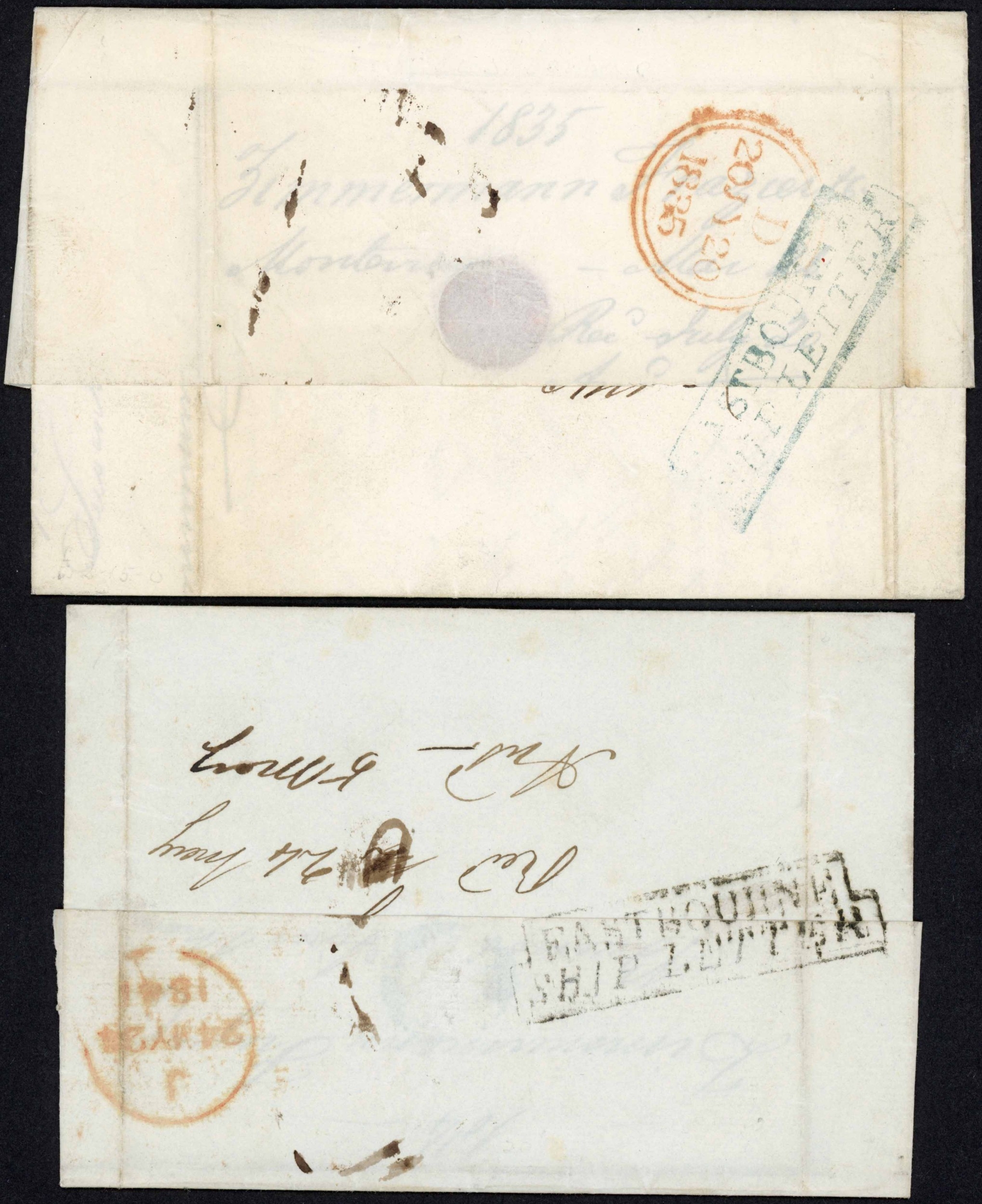 EASTBOURNE - BLUE-GREEN SHIP LETTER EX S. AMERICA: Pair inc. 1835 EL ...