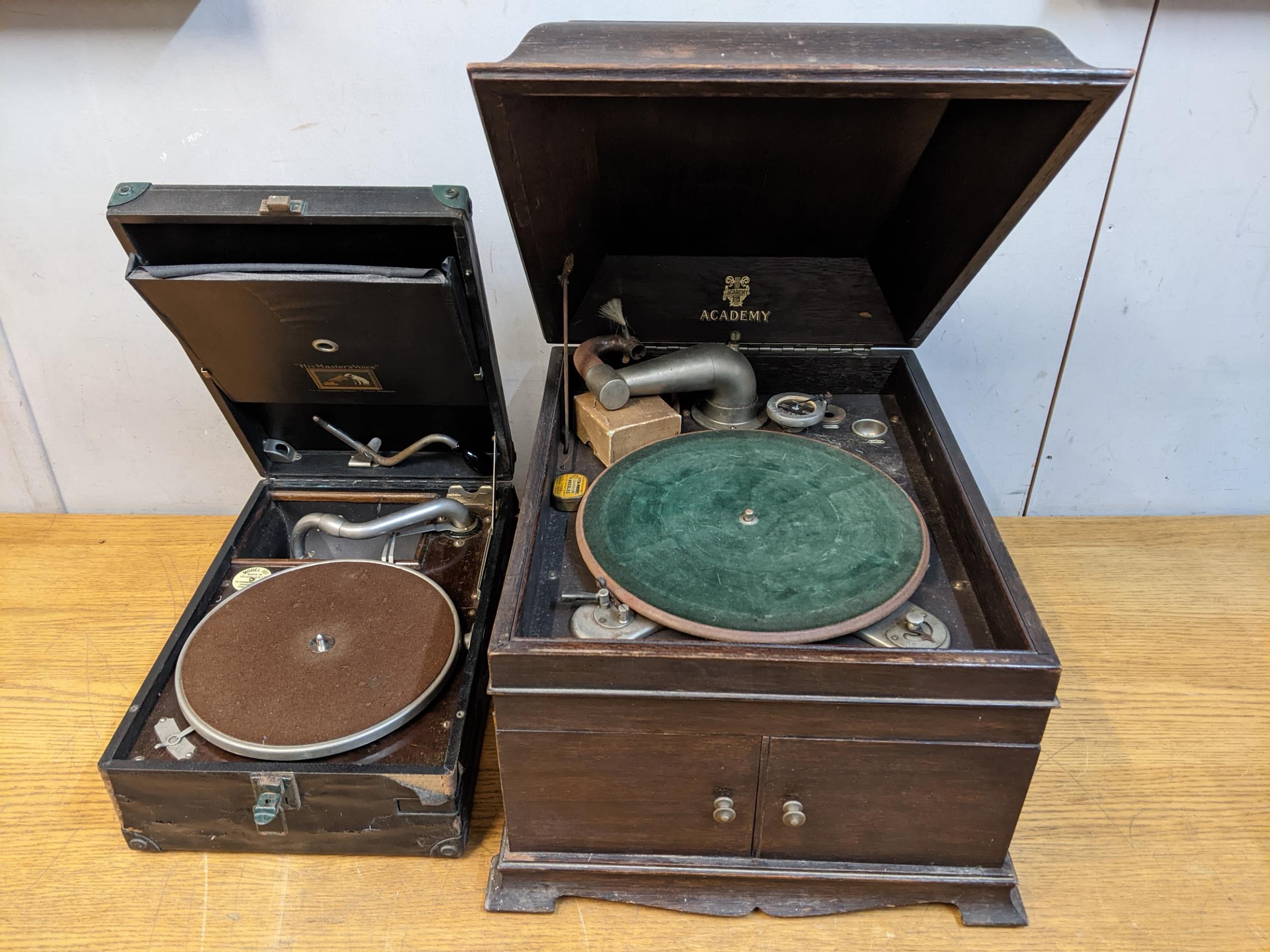 An HMV model 101 table-top gramophone, and an oak cased example Location: G