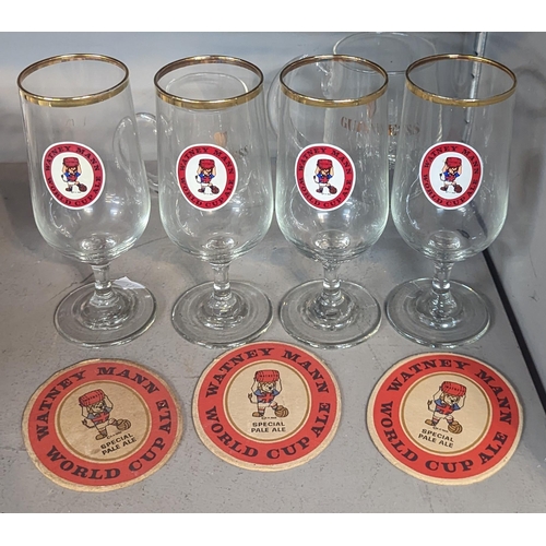 A group of four Watney Mann World Cup ale glasses, three matching beer ...