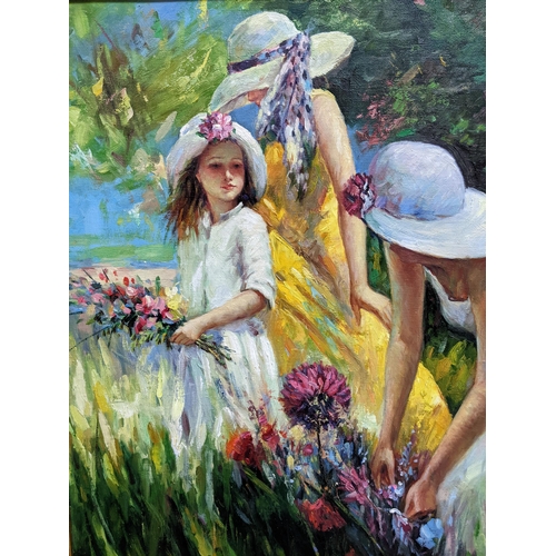 Late 20th century oil painting on canvas depicting three young girls ...