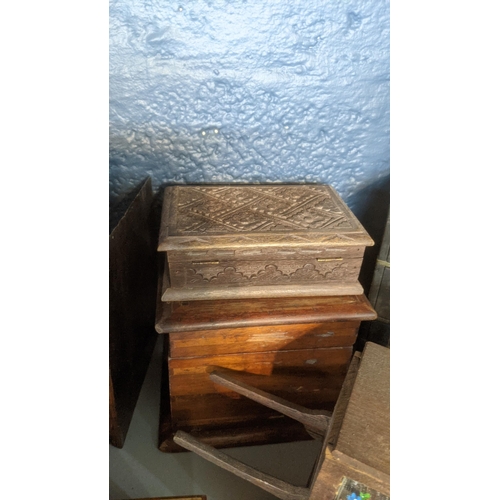 A mixed lot of treen items to include a Rosewood letter rack with brass ...