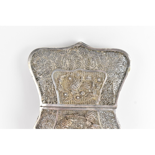 A Chinese white metal filigree card case, circa 1900, of shaped ...