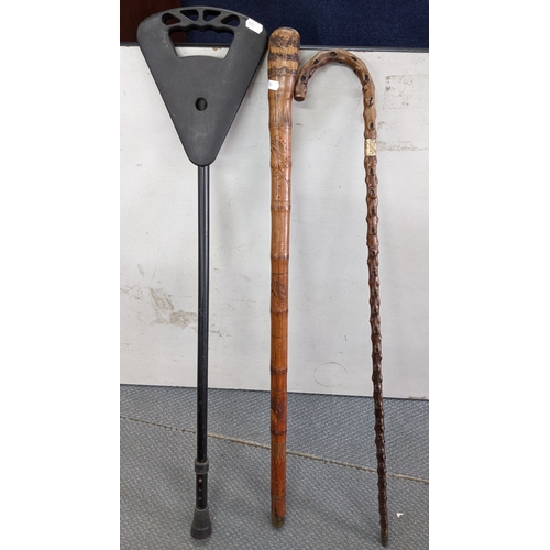 Two walking sticks to include a carved Japanese stick incised with ...