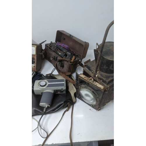 Vintage equipment to include a railway lamp, a Kodak Brownie 127 camera ...