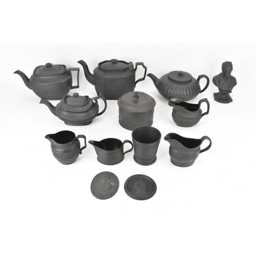 A group of 19th century black basalt stoneware teawares and decorative ...