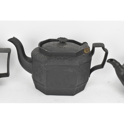 A group of 19th century black basalt stoneware teawares and decorative ...