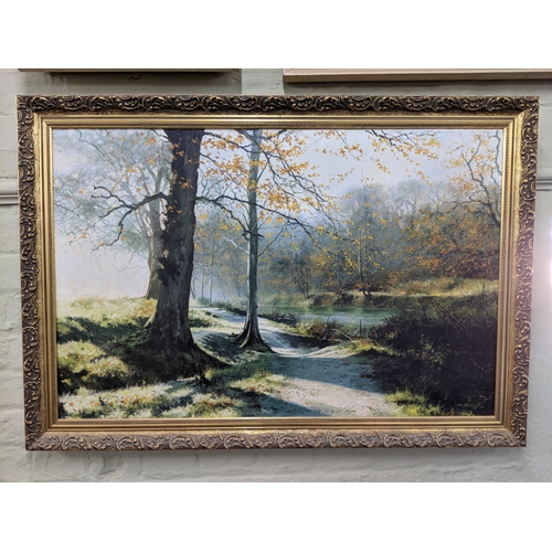 An oil on canvas depicting a path along the River Fowley, bear the ...