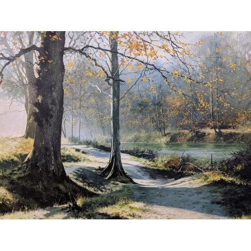 An oil on canvas depicting a path along the River Fowley, bear the ...