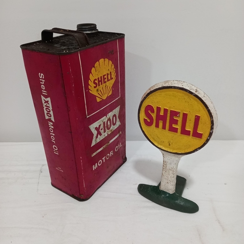 Vintage Shell x 100 Motor Oil One Gallon Can and a Cast Iron Shell Sign