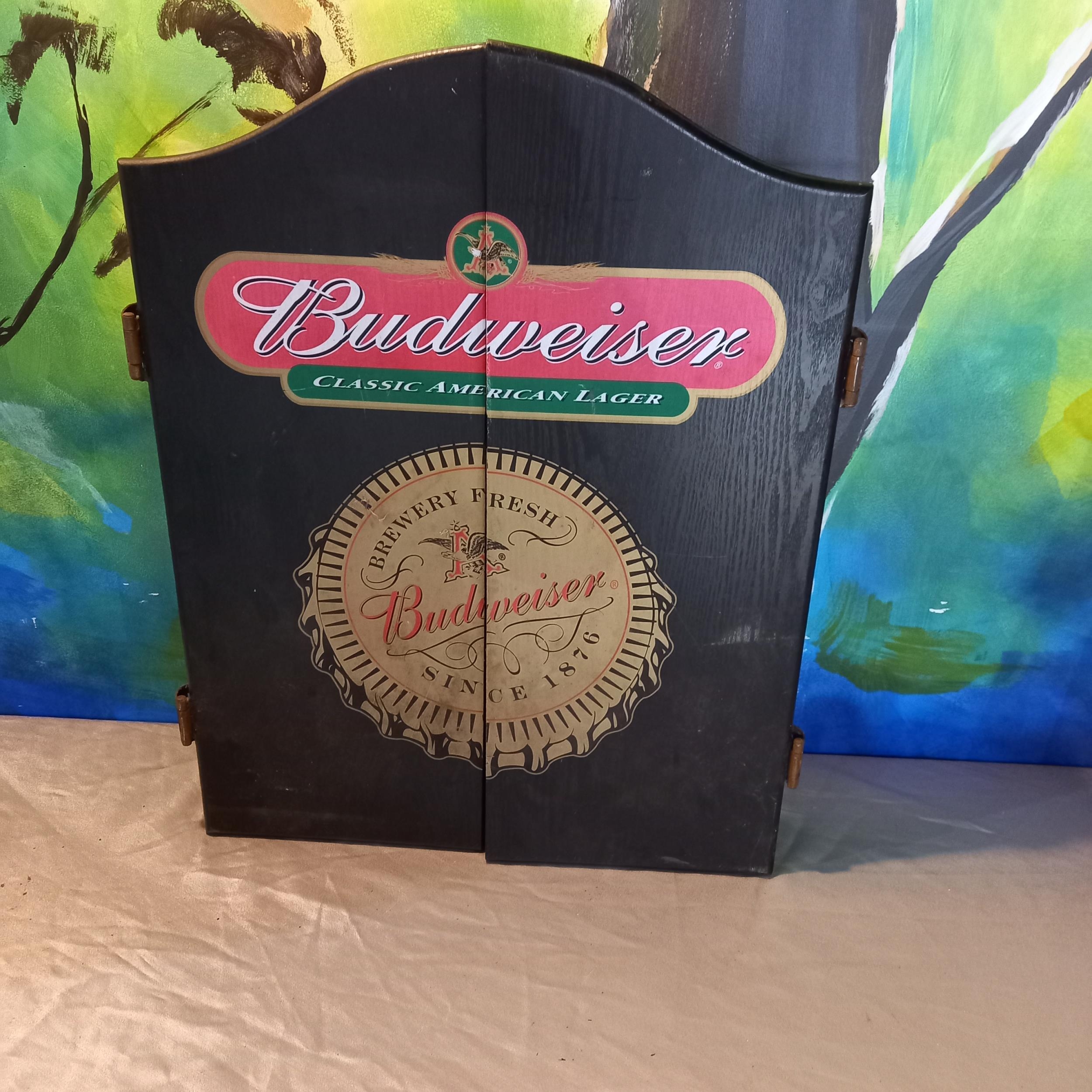 Budweiser Dart Board Cabinet with Board and set of Darts 50cm x 63cm x 10cm
