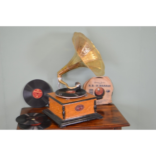 Gramophone Sound Master with Embossed Brass Horn and Records (38 cm W x ...