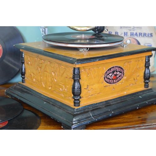 Gramophone Sound Master with Embossed Brass Horn and Records (38 cm W x ...