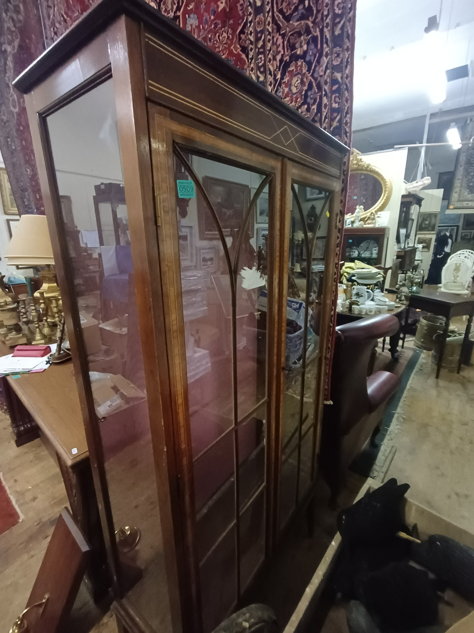 Tall Edwardian Glass Inlaided Mahogany Cabinet - 1 panel broken