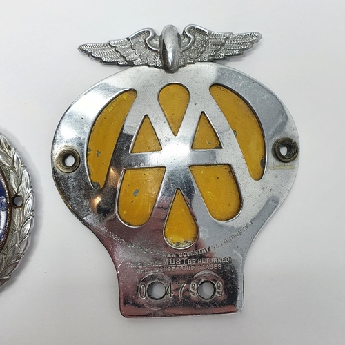 An RFC chrome and enamel car badge, and an AA car badge (2)
