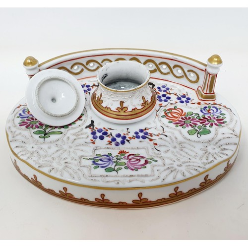 A Dresden inkwell, decorated flowers, 17 cm wide