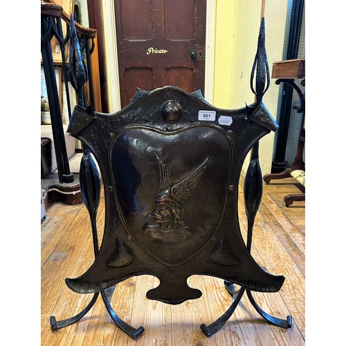 A Cornish Arts & Crafts copper and wrought iron fire screen, decorated ...