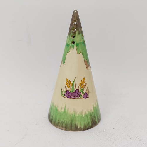 A Clarice Cliff conical sifter, decorated flowers and trees, 14 cm high